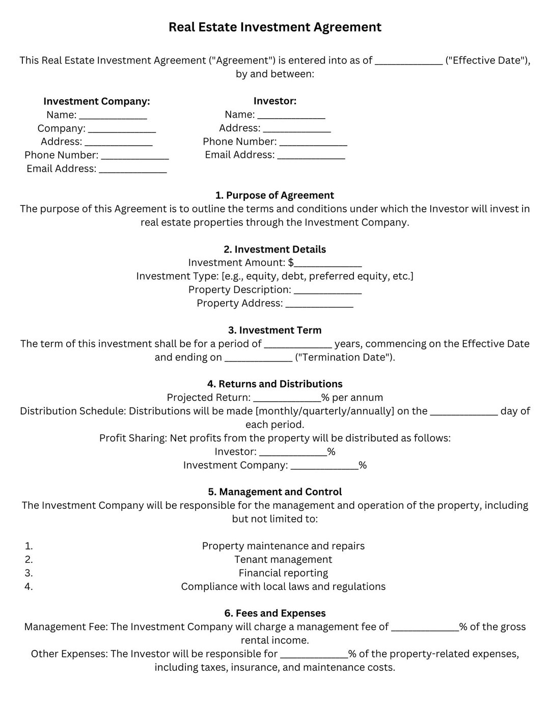 Real Estate Investment Agreement-template PDF - Etsy