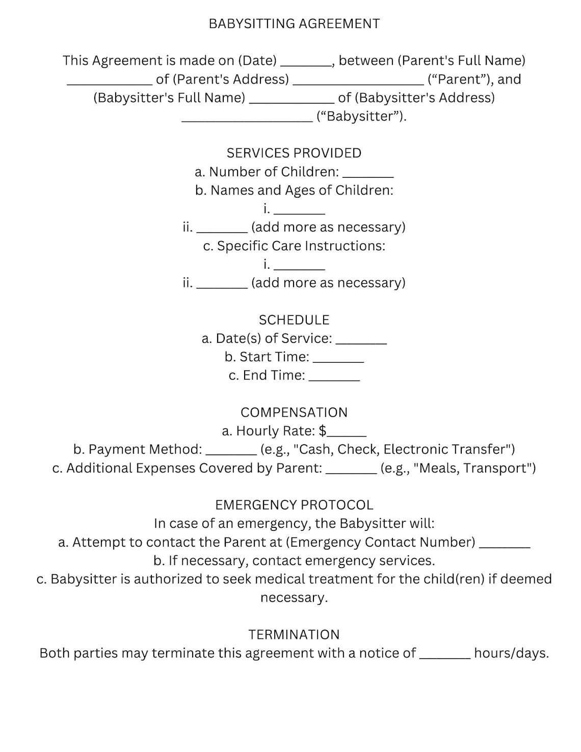 Babysitting Agreement Form-template Pdf Download and Edit - Etsy