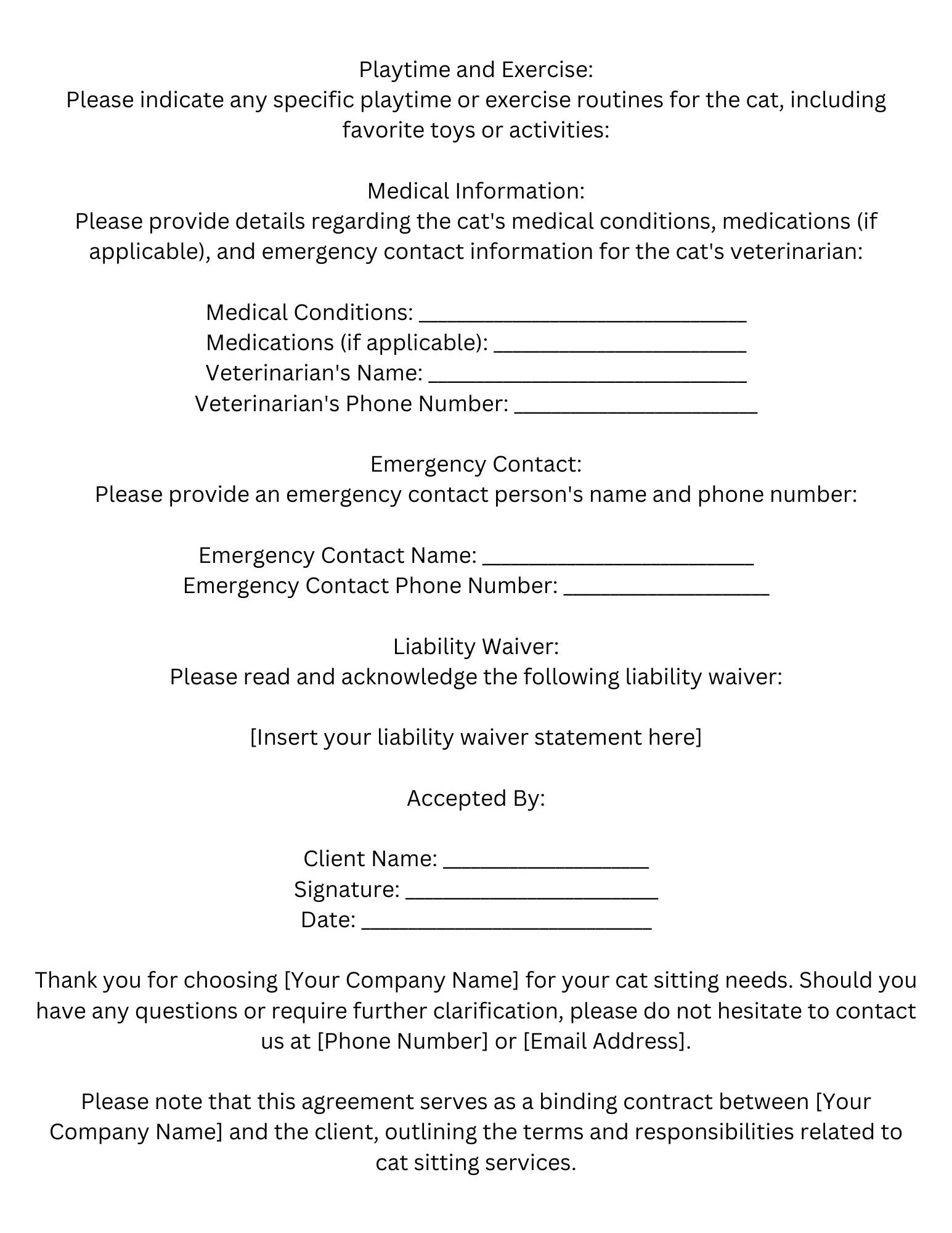 Cat Sitting Form - Comprehensive and Customizable - Etsy