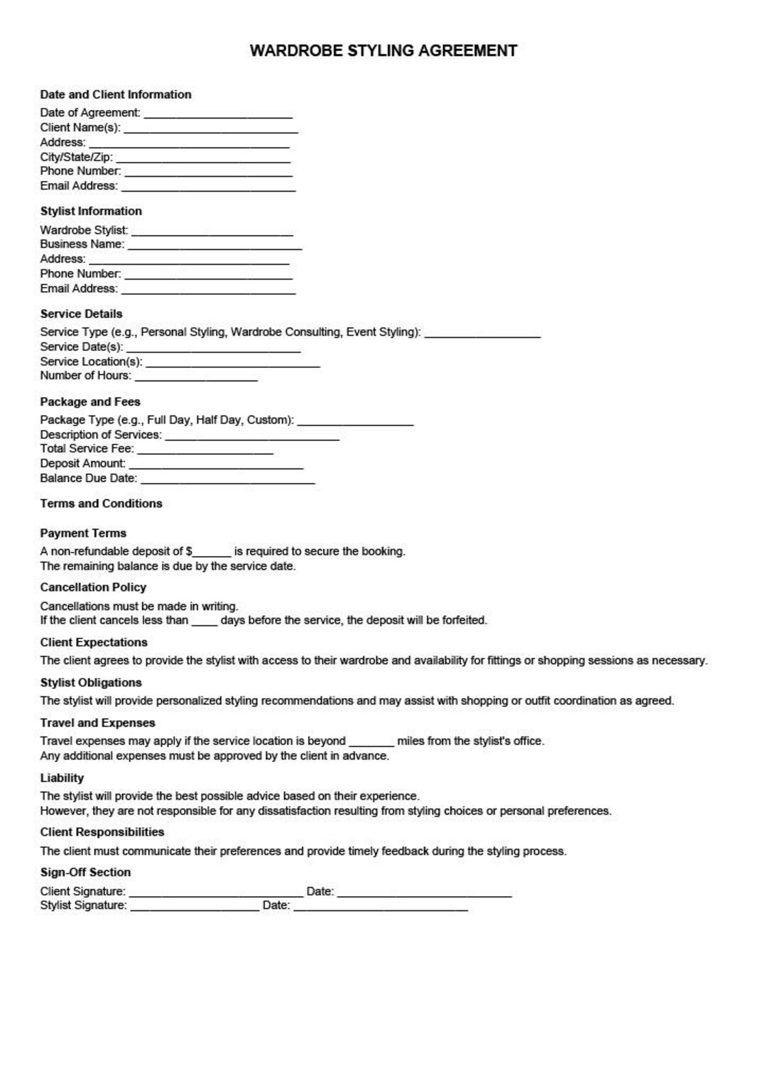 Wardrobe Styling Agreement | Personal Styling Contract | Editable PDF ...
