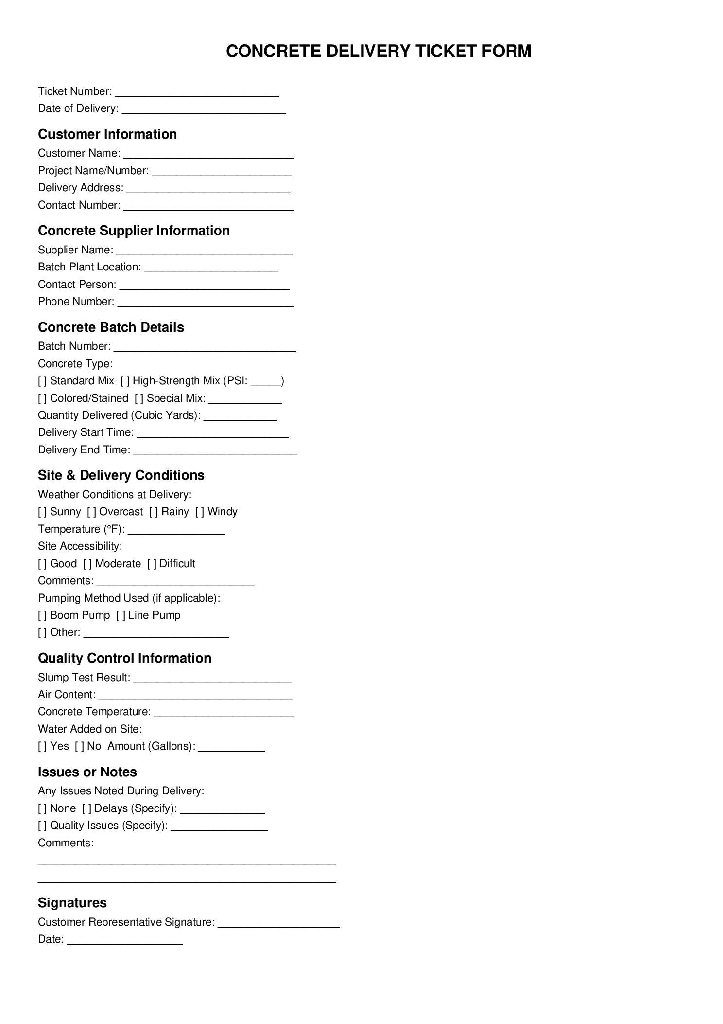 Concrete Delivery Ticket Form | Printable Concrete Delivery Record ...