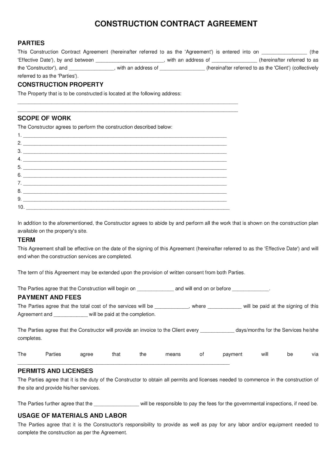 Construction Contract Template | Editable Construction Agreement ...