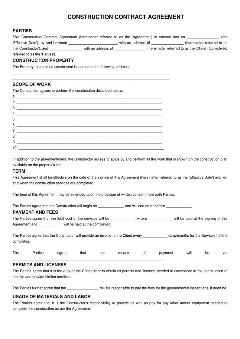 Construction Contract Template | Editable Construction Agreement ...