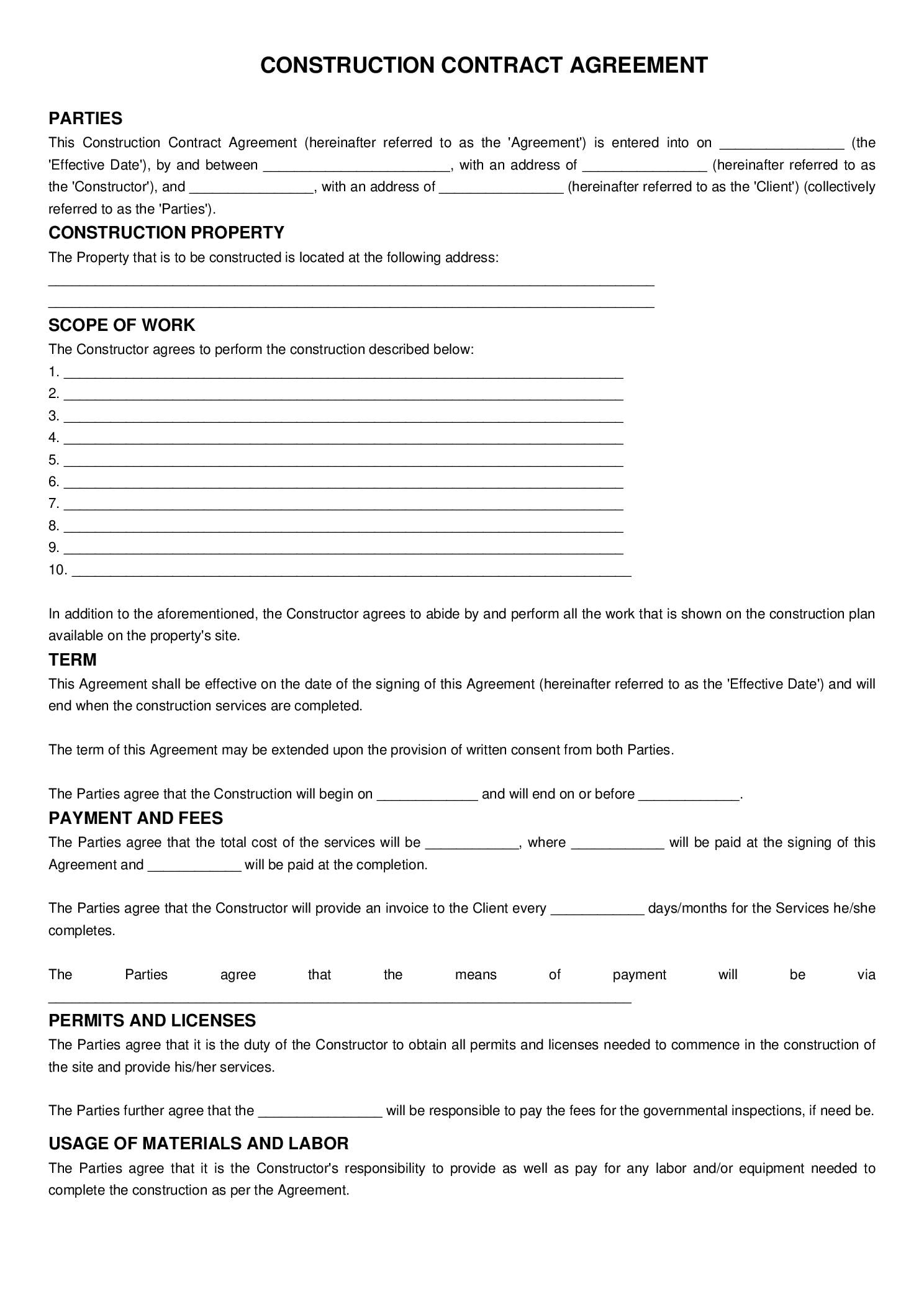 Construction Contract Template | Editable Construction Agreement ...