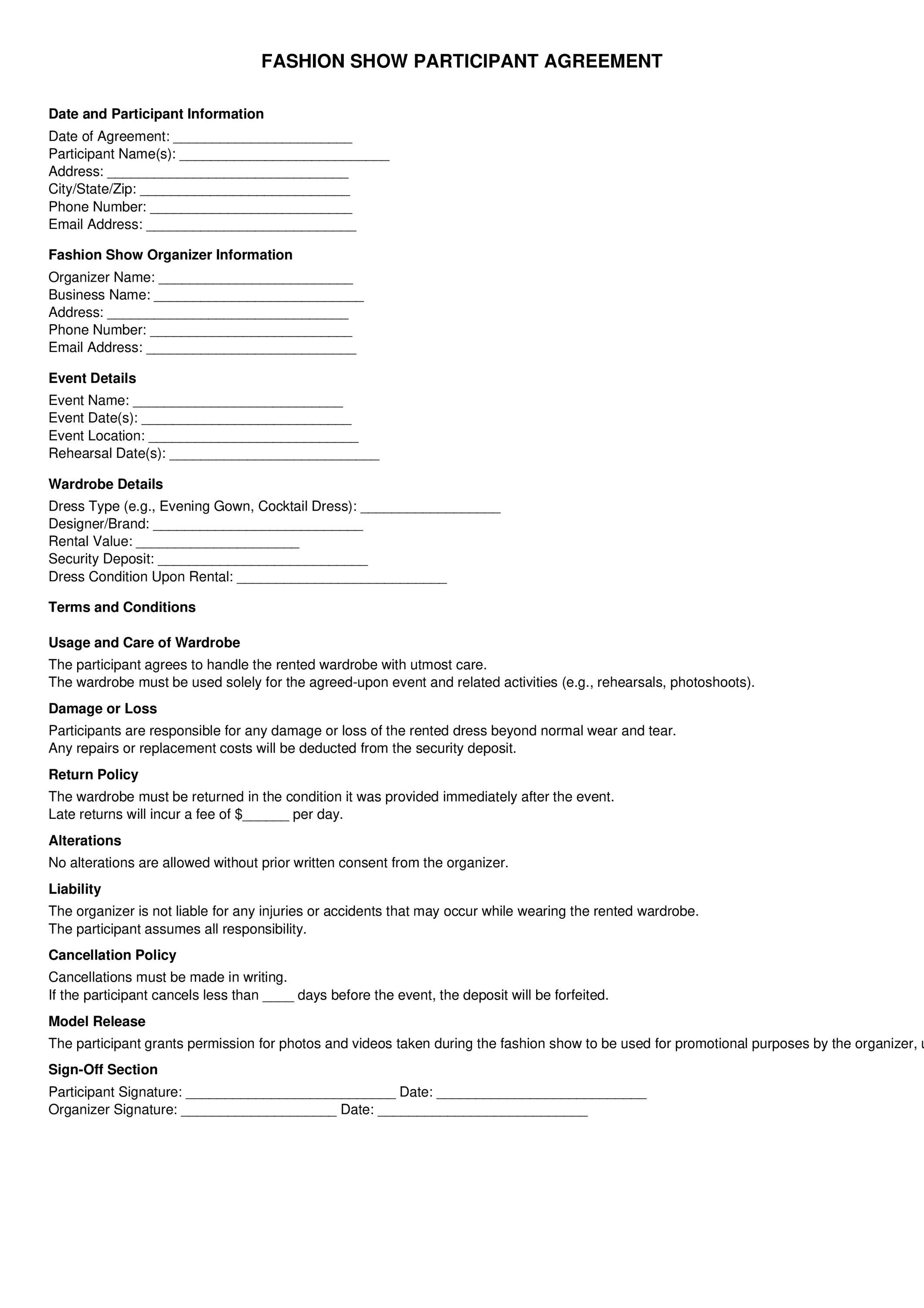 Fashion Show Participant Agreement | Dress Rental Contract | Editable ...