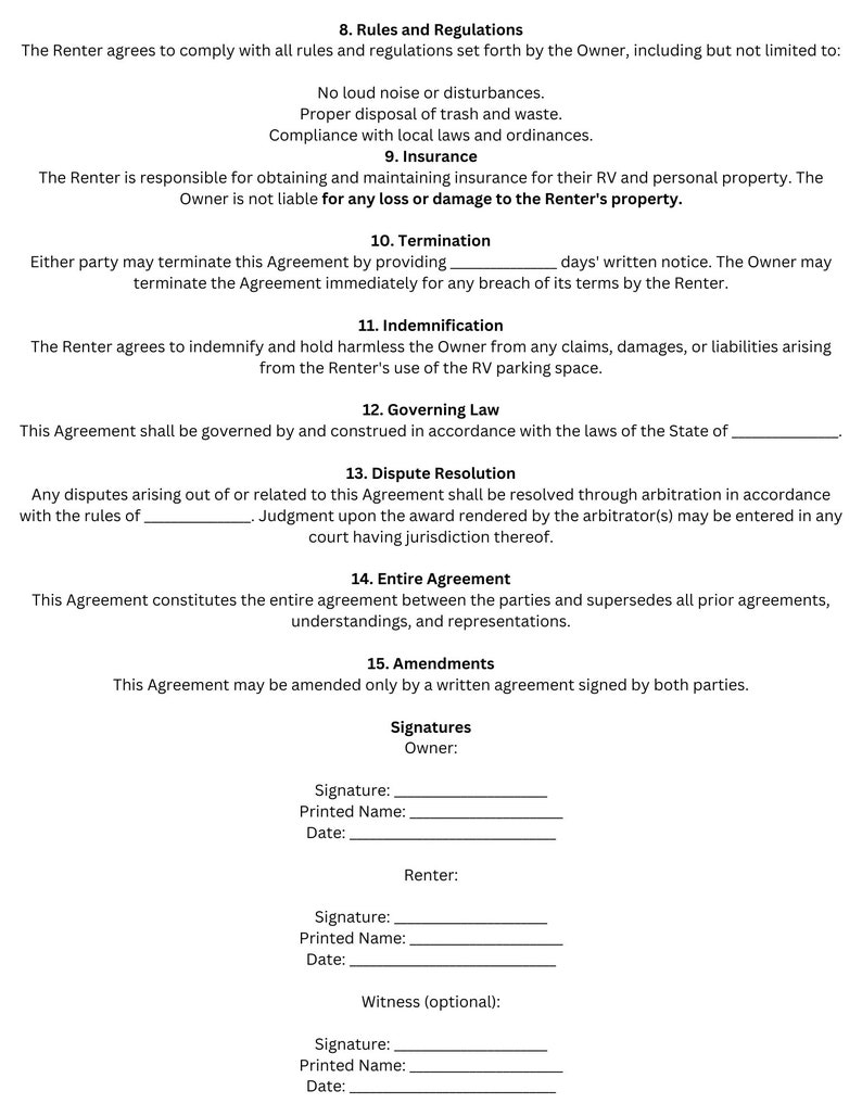 RV Parking Space Rental Agreement Template-pdf Download Version 2 - Etsy