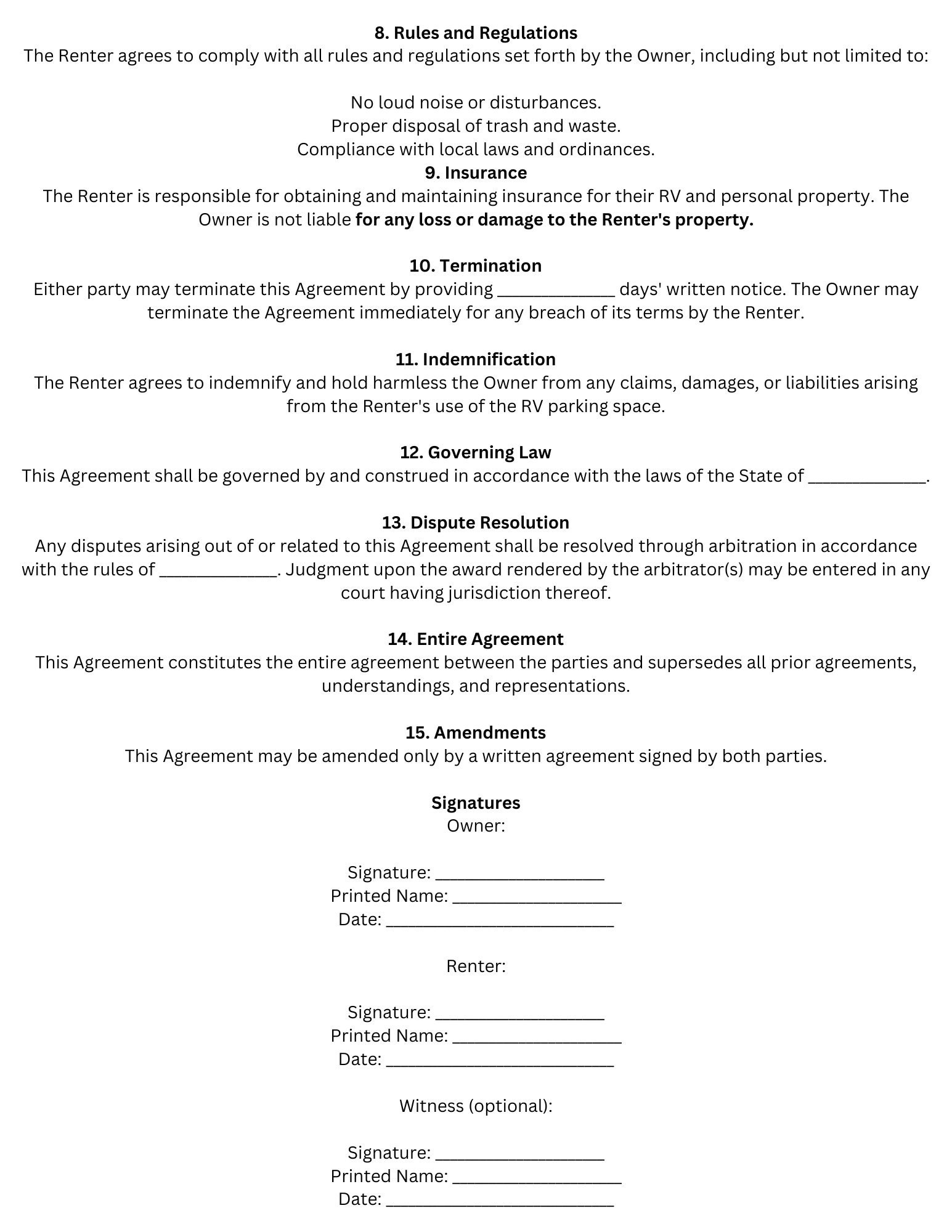 RV Parking Space Rental Agreement Template-pdf Download Version 2 - Etsy