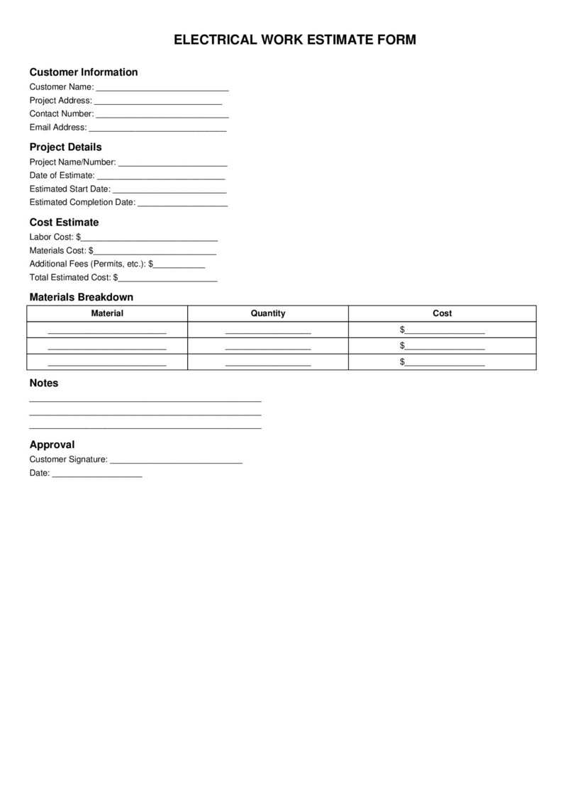 Electrical Work Estimate Form Printable Electrician Estimate Template ...