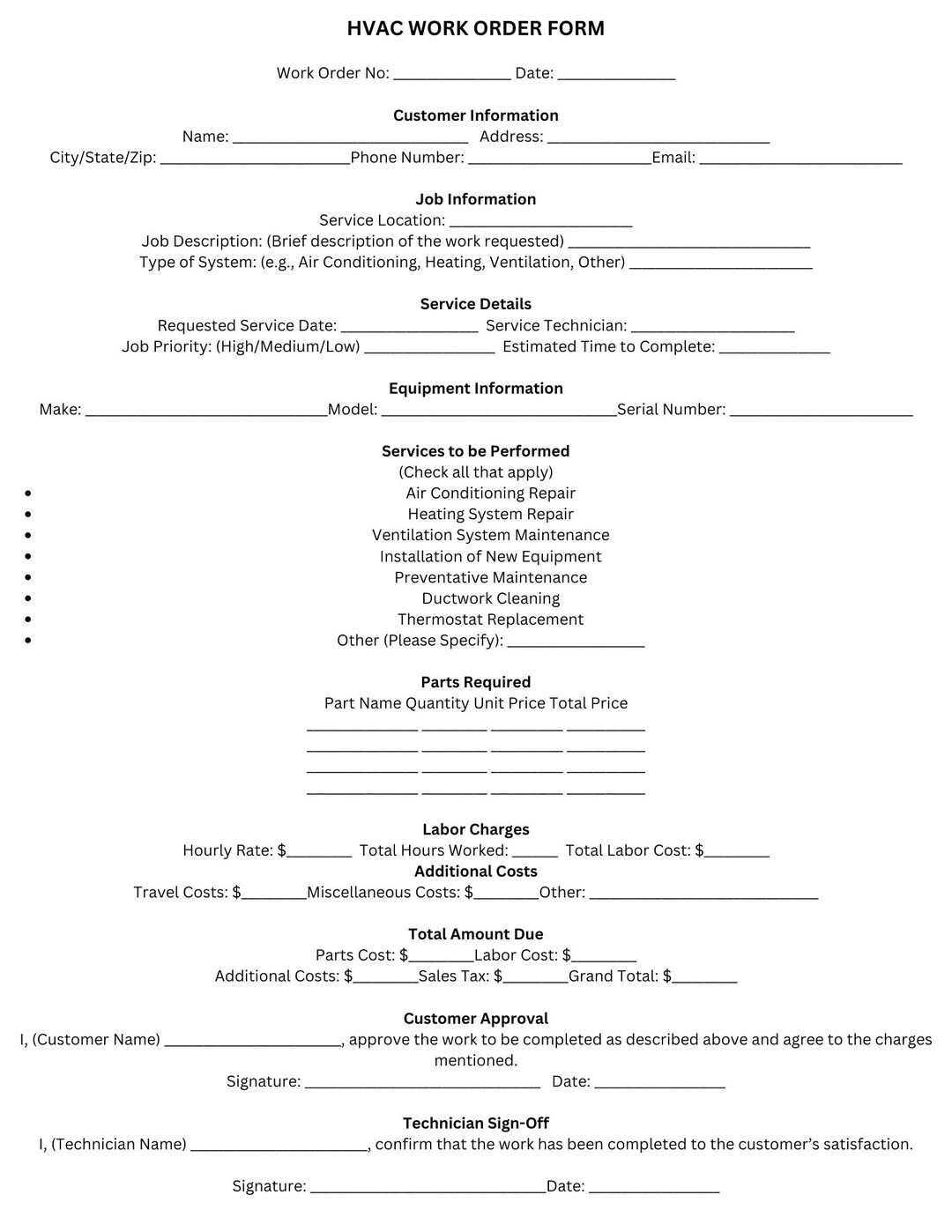 HVAC Work Order Form Template | Editable HVAC Work Order Template for ...