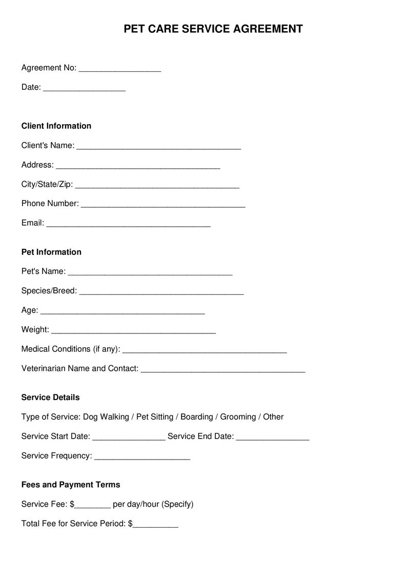 Pet Care Service Agreement | Editable & Printable Pet Sitting Contract ...
