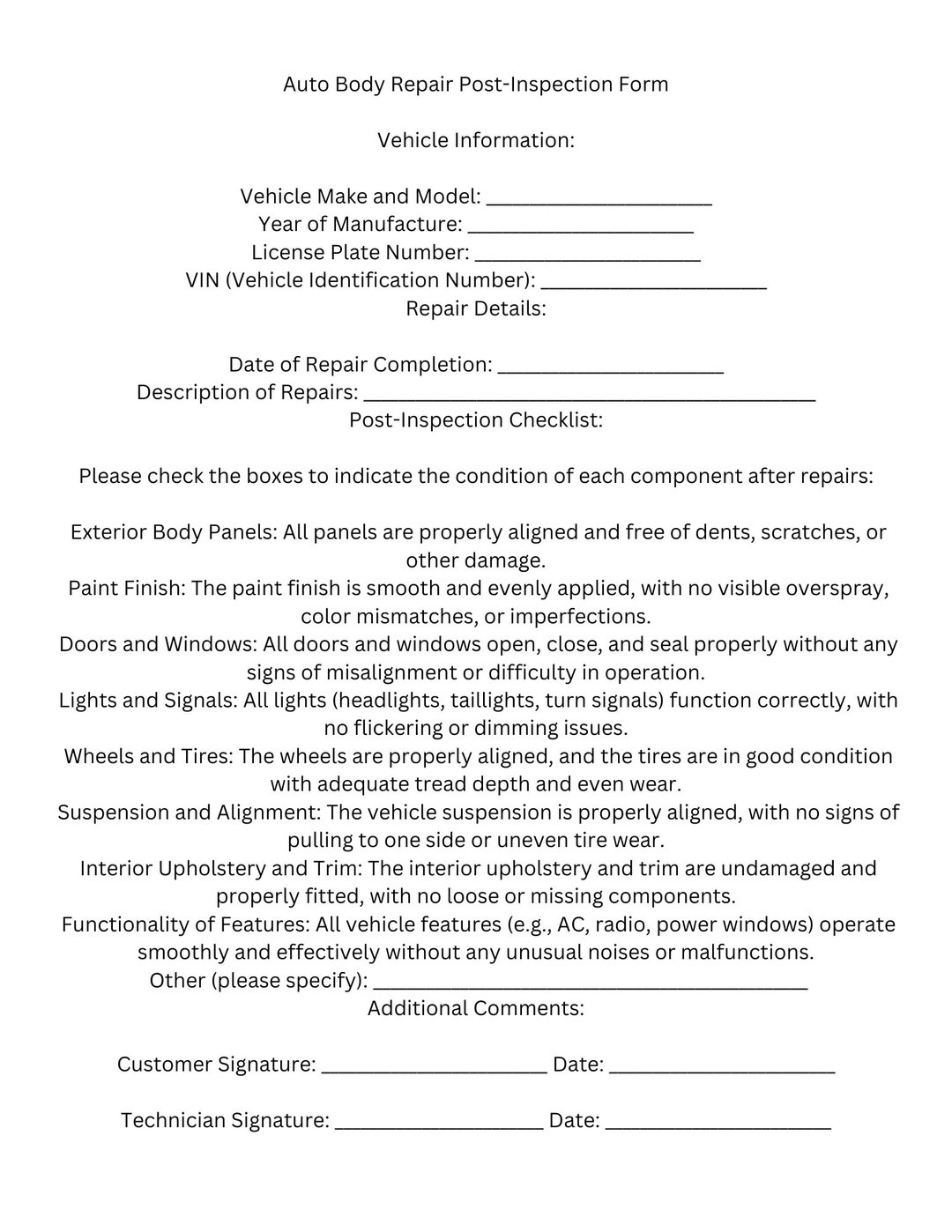 Auto Body Repair Post-inspection Form- Template, Instant Download - Etsy