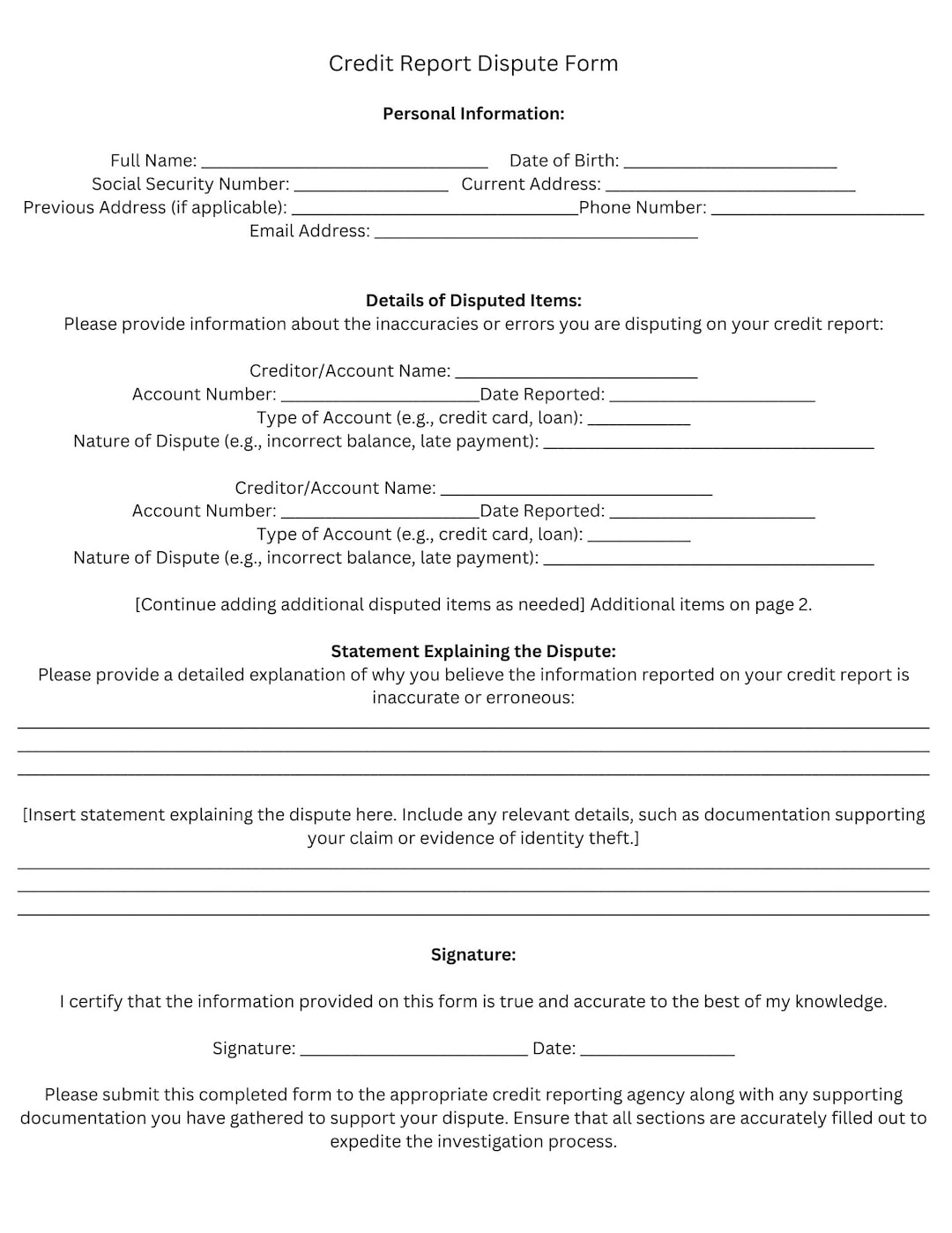 Credit Report Dispute Form-download and Print - Etsy