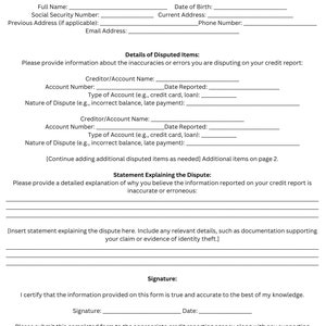 Credit Report Dispute Form-download and Print - Etsy