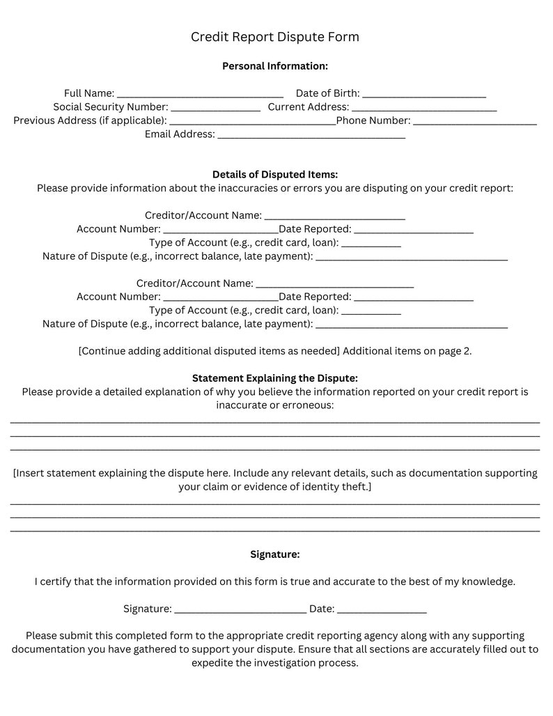 Credit Report Dispute Form-download and Print - Etsy