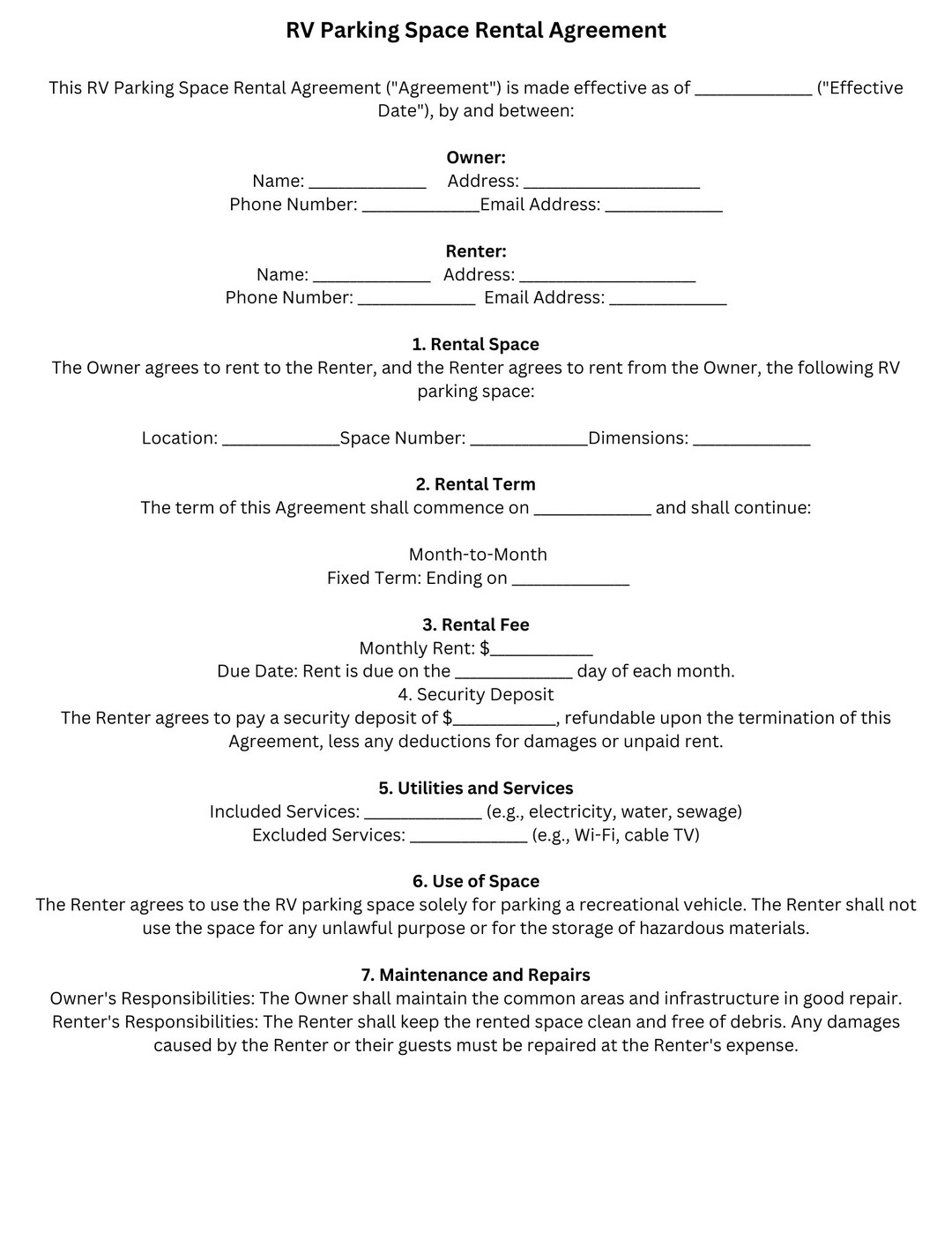 RV Parking Space Rental Agreement Template-pdf Download Version 2 - Etsy