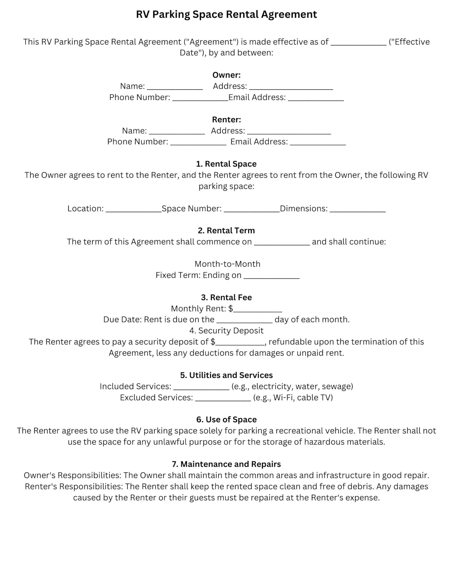 RV Parking Space Rental Agreement Template-pdf Download Version 2 - Etsy