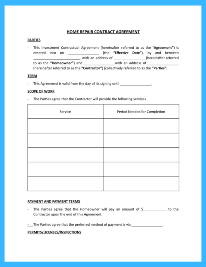 Home-repair-contract-form-template, PDF Download - Etsy