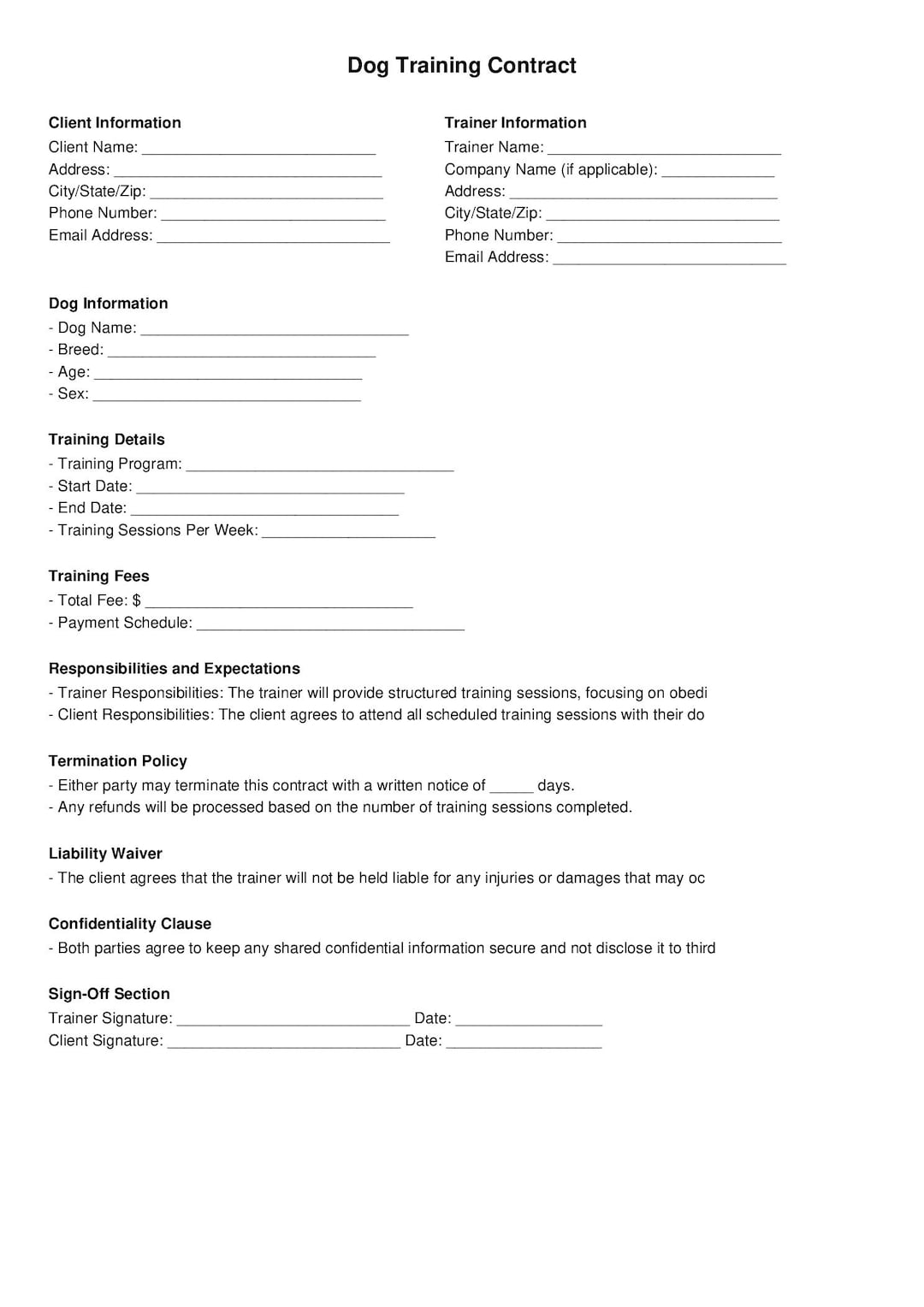 Dog Training Contract | Trainer and Client Agreement | Editable PDF - Etsy
