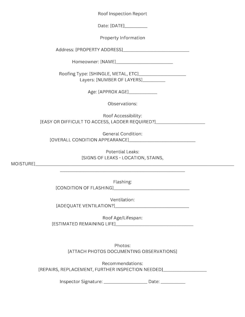 Roof Inspection Form Template- Pdf Download - Etsy