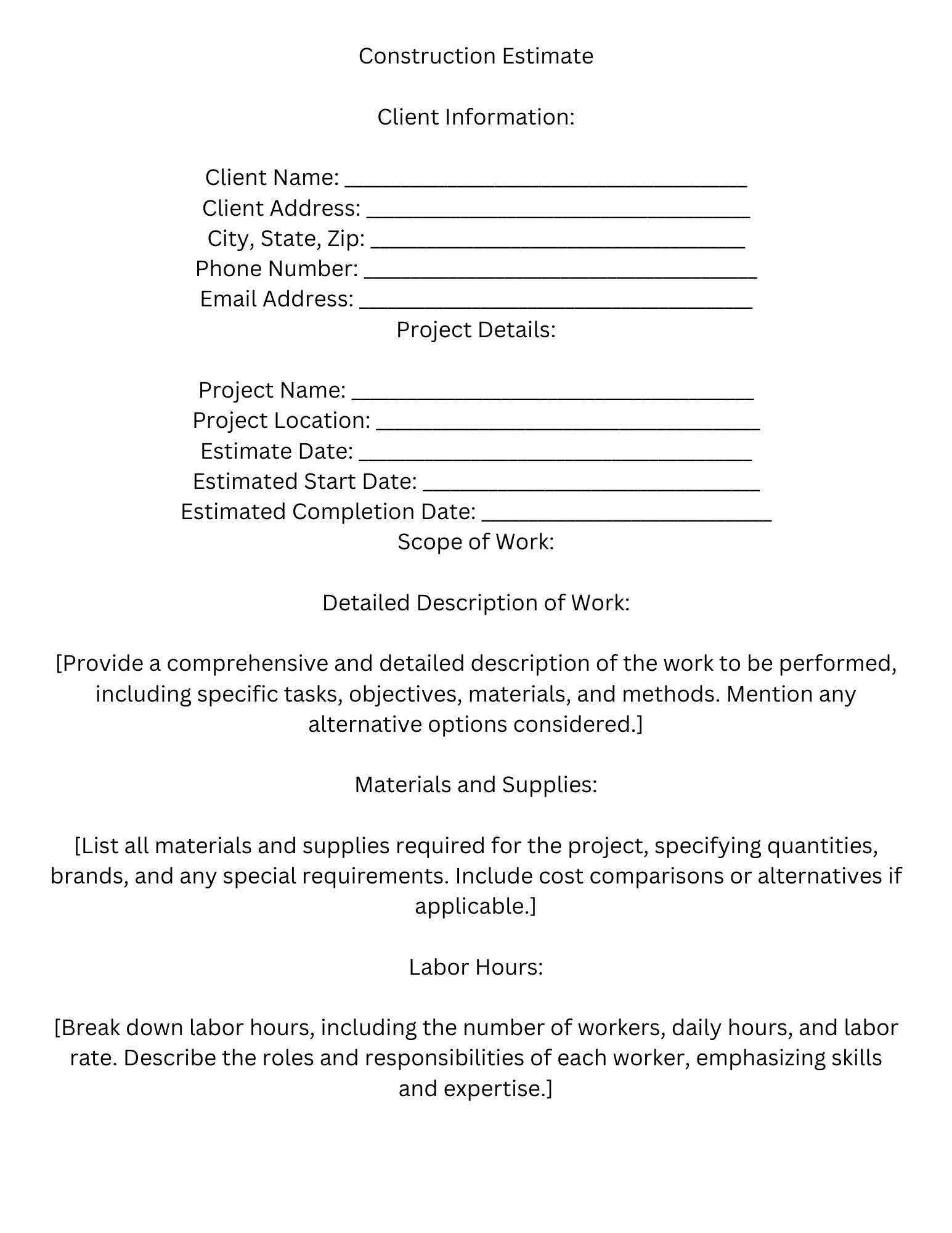 Construction Estimate Template - Informative and Customizable - Etsy