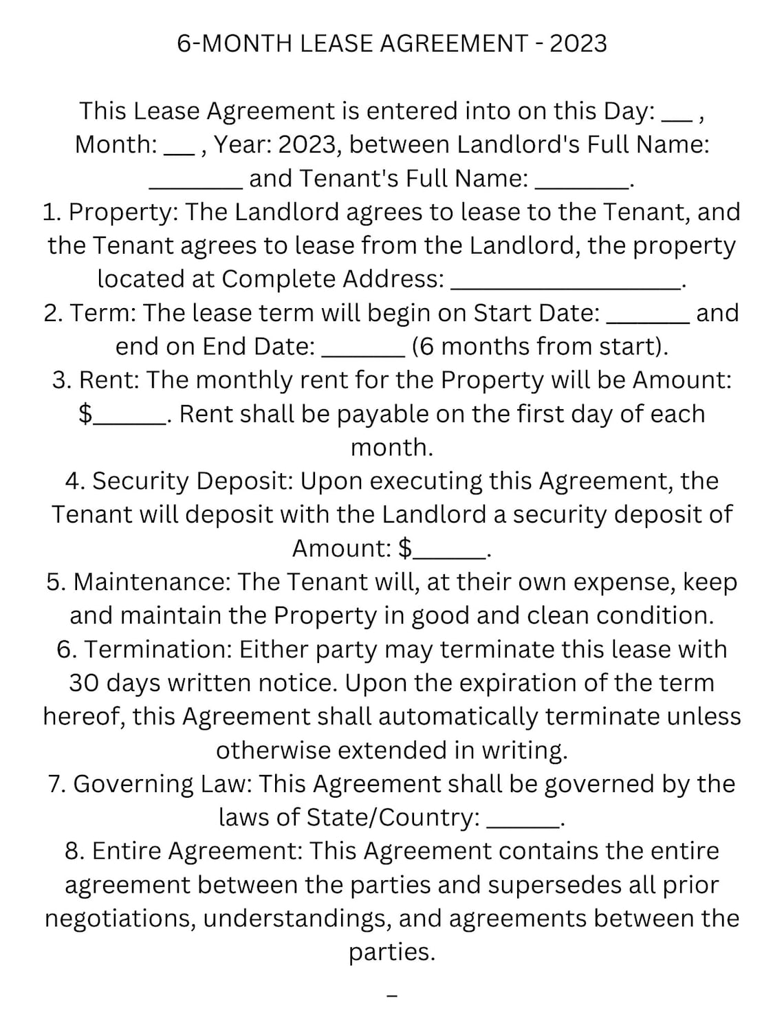 6-month Lease Agreement Template, Digital Download: PDF - Etsy