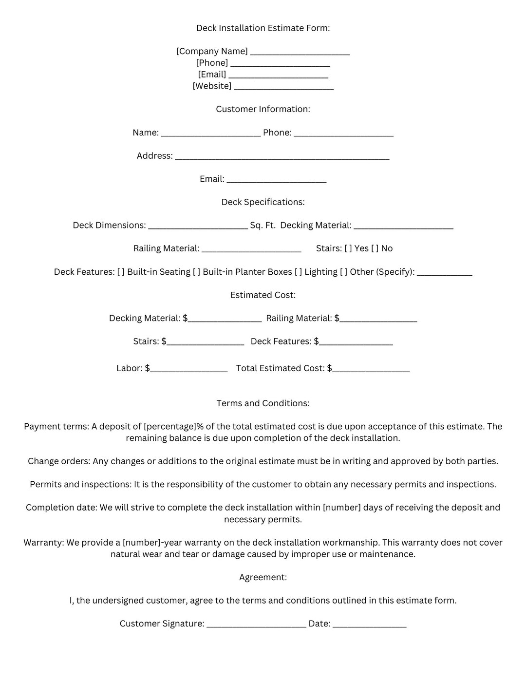 Deck Installation Estimate Form: Template, Instant Download - Etsy