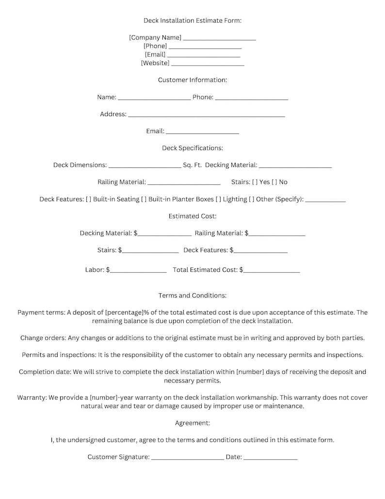 Deck Installation Estimate Form: Template, Instant Download - Etsy