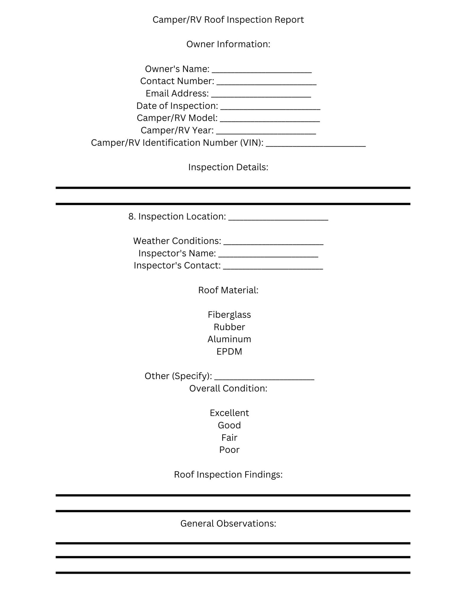 Camper/rv Roof Inspection Report Template: Instant Download. - Etsy