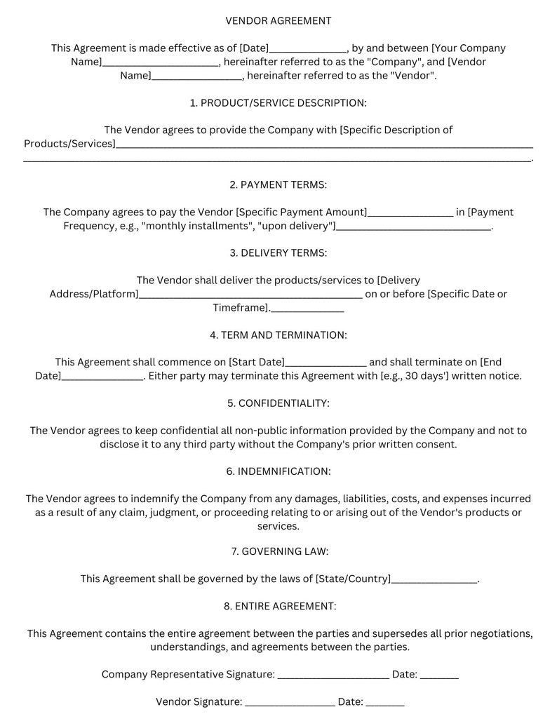 Vendor Agreement Contract Template - Instant Download - Etsy
