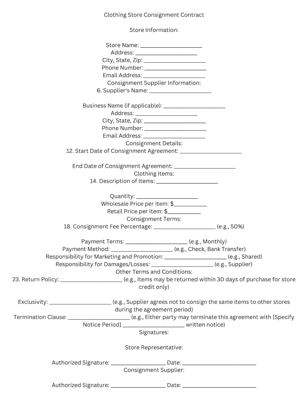 Clothing Store Consignment Contract Form Template, Instant Download - Etsy