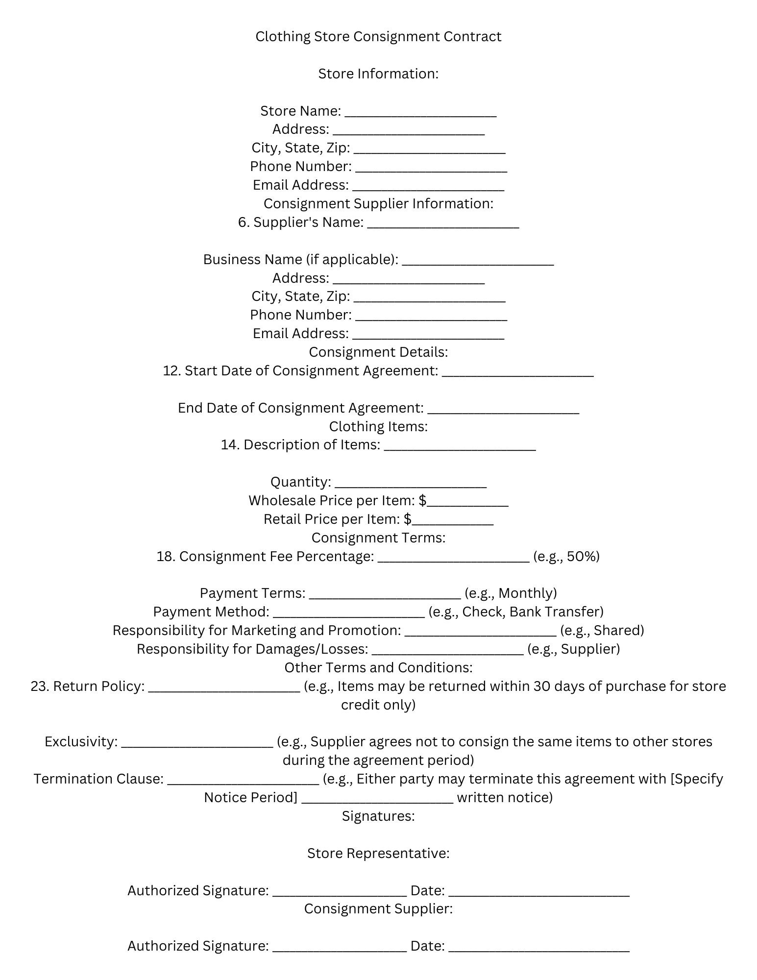 Clothing Store Consignment Contract Form Template, Instant Download - Etsy