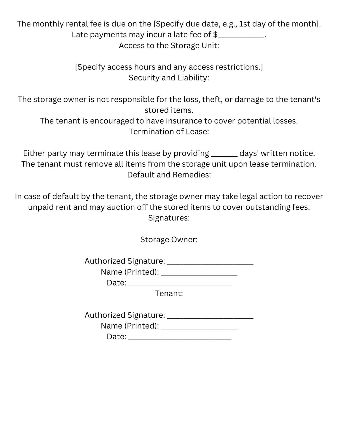 Storage Lease Agreement Form - Professional and Customizable - Etsy