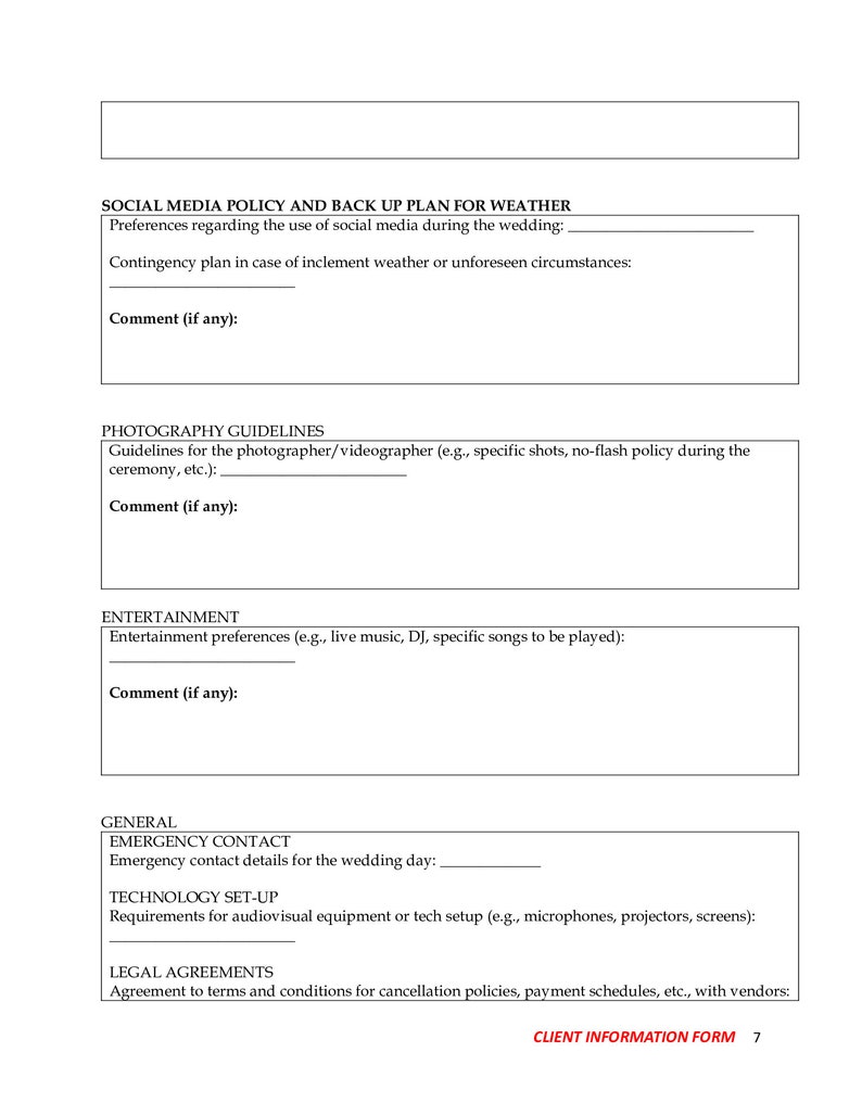 Wedding Client Information Forms - Comprehensive Pack (9 Pages ...