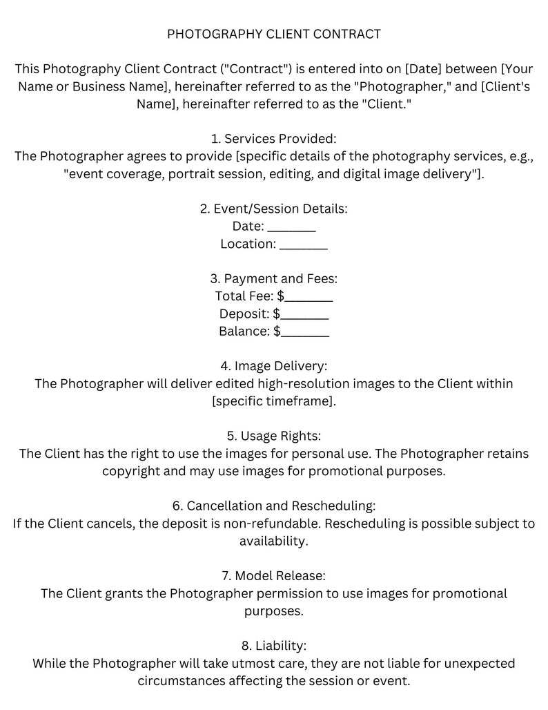Photography Client Contract Template - Etsy