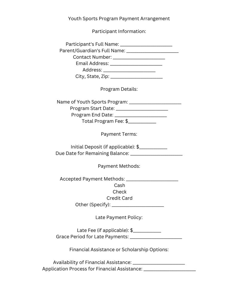 Youth Sports Program Payment Arrangement Form-template, Instant ...
