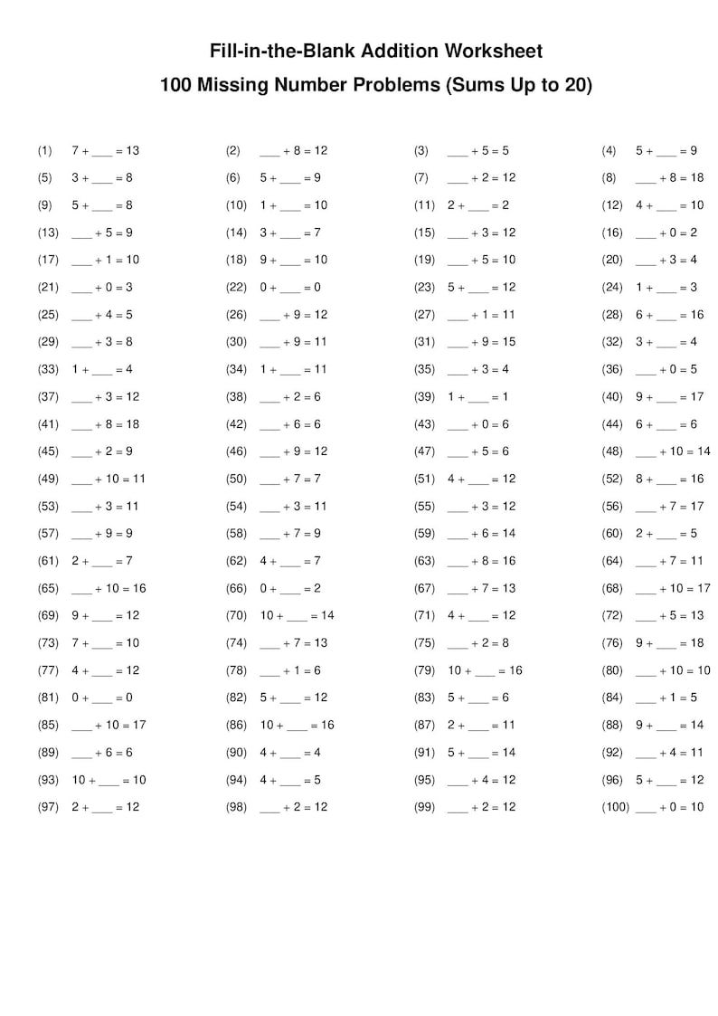 100 Fill-in-the-blank Addition Worksheets – Sums up to 20 | Printable ...