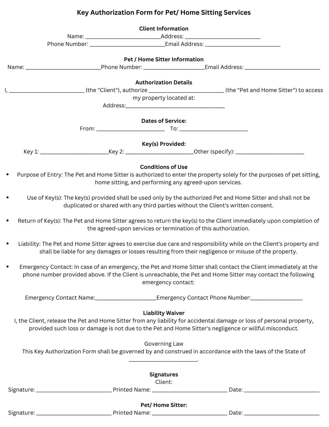 Key Authorization Form for Pet And/or Home Sitting Services-template ...