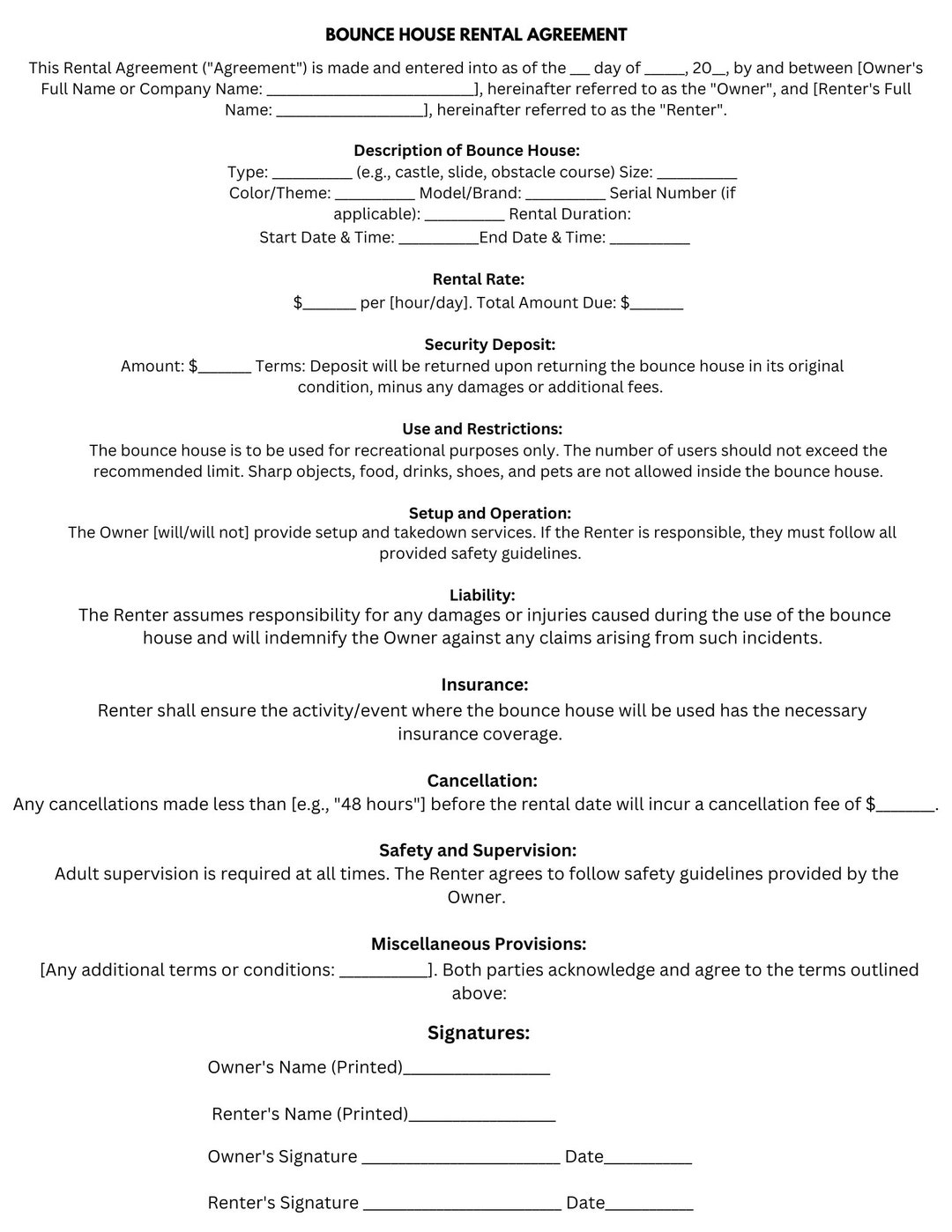 Bounce House Rental Agreement Template Digital Download: - Etsy