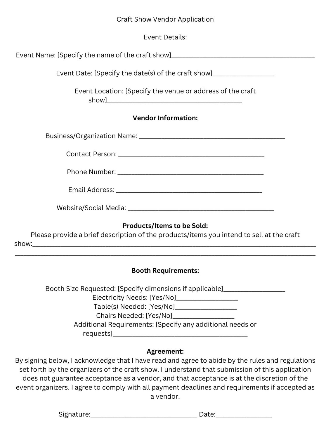 Craft Show Vendor Application-template Download - Etsy