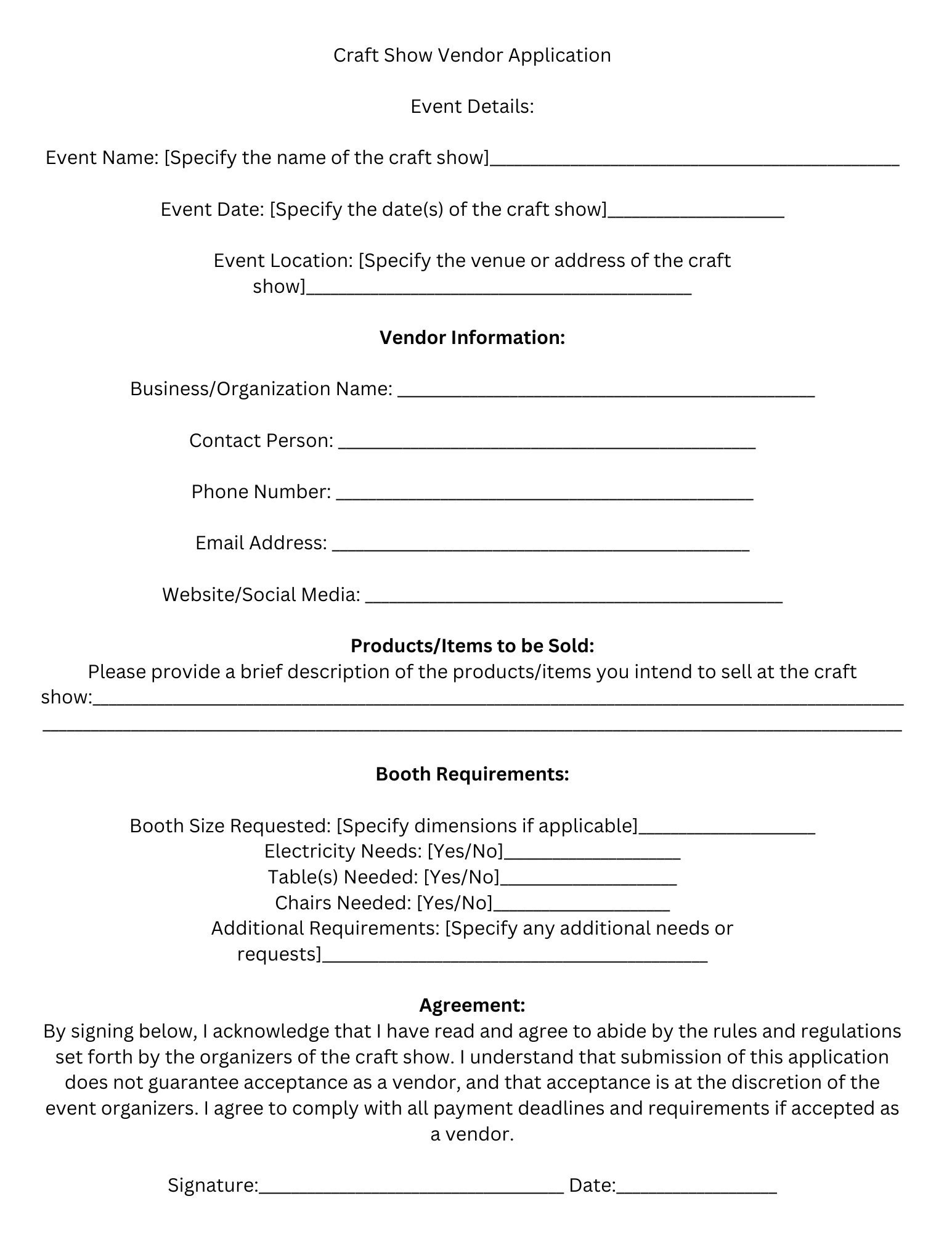 Craft Show Vendor Application-template Download - Etsy