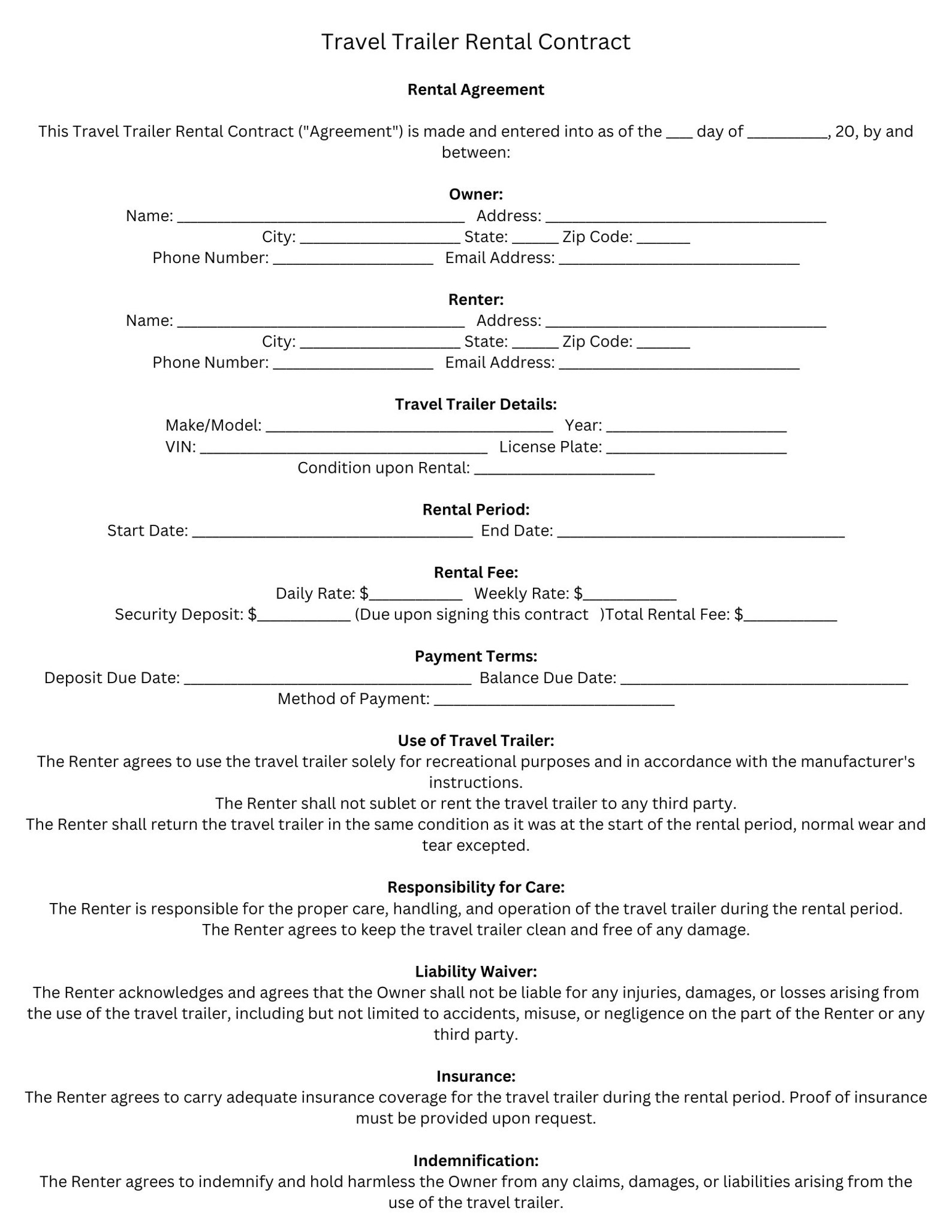 Travel Trailer Rental Contract-template Download - Etsy