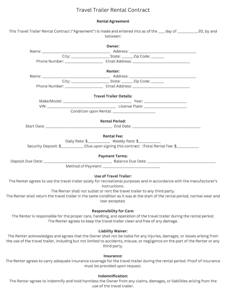 Travel Trailer Rental Contract-template Download - Etsy