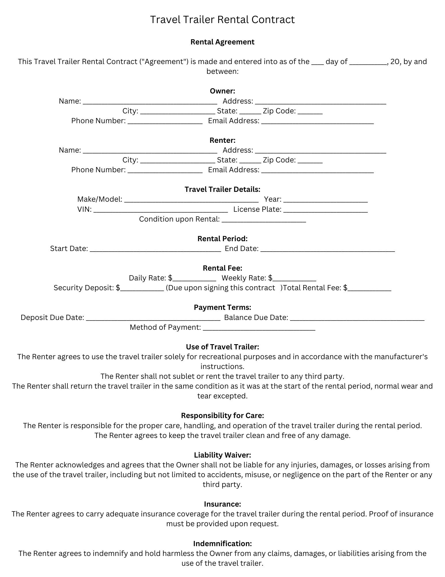 Travel Trailer Rental Contract-template Download - Etsy