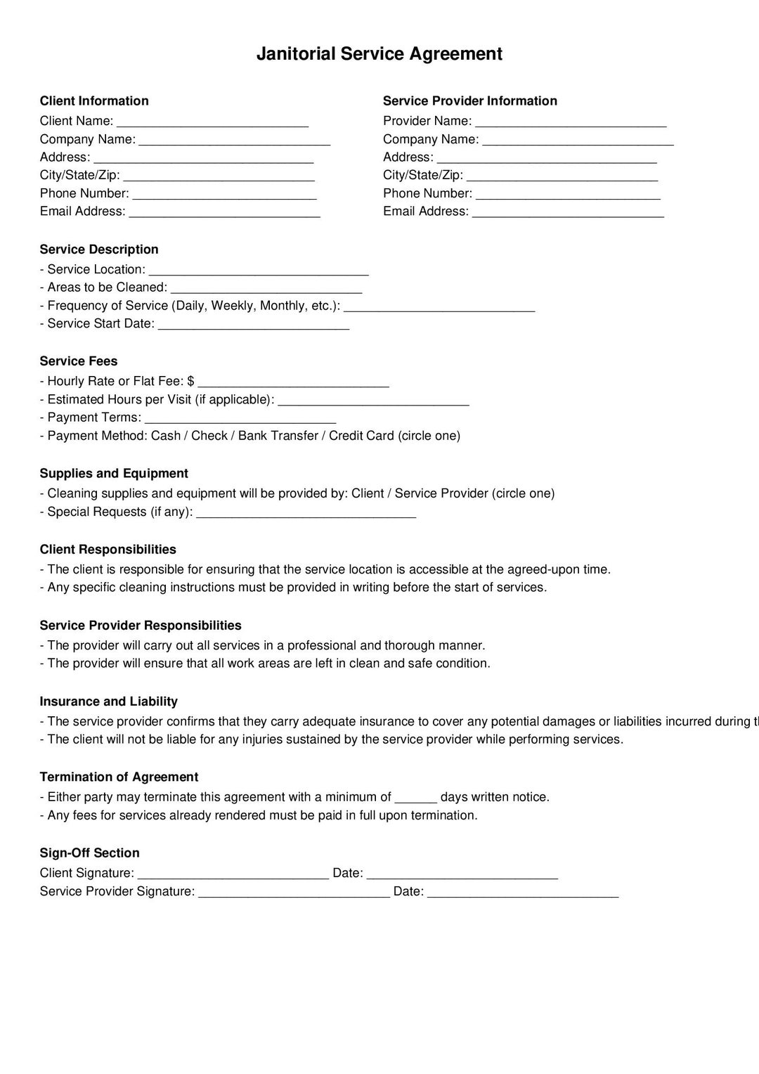 Janitorial Service Agreement | Cleaning Contract | Editable PDF - Etsy