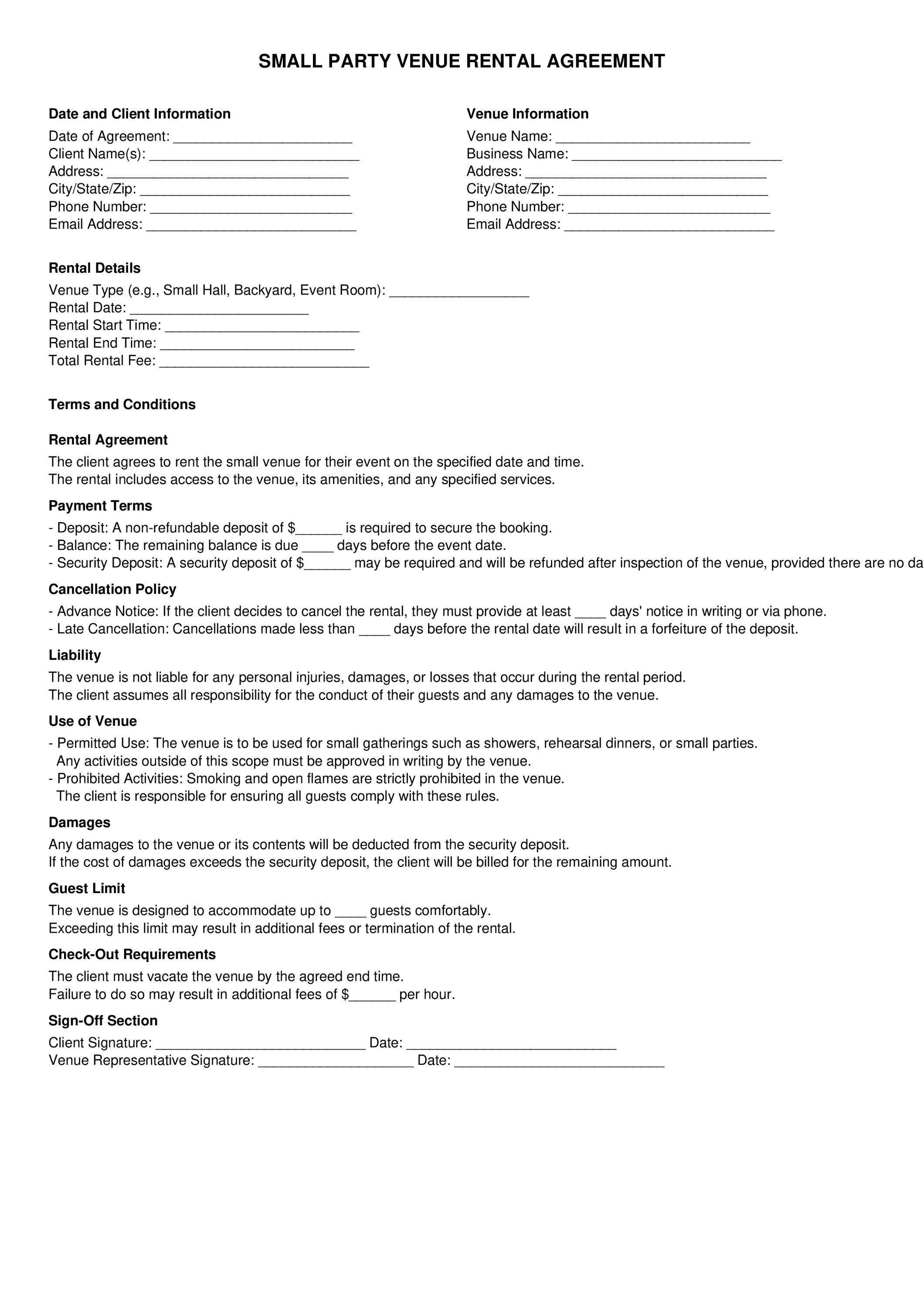 Small Party Venue Rental Agreement | Gathering & Event Room Contract ...