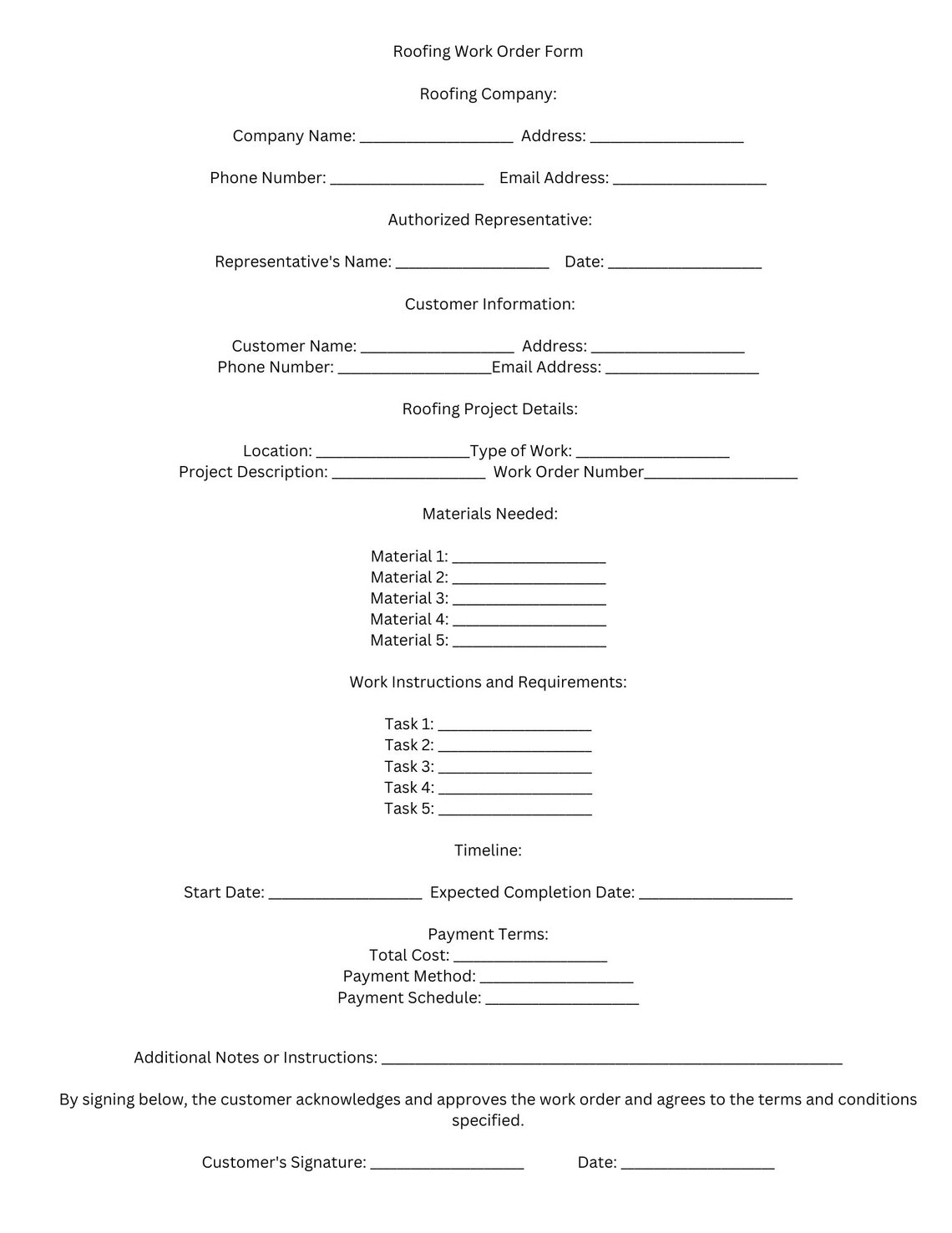 Roofing Work Order Form-template, Instant Download - Etsy