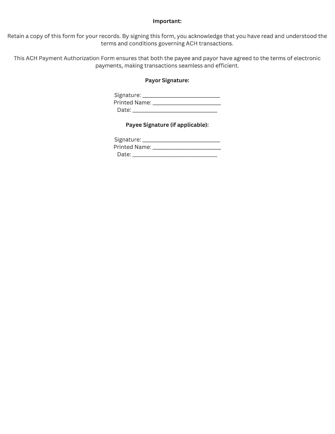 ACH Payment Authorization Form- Template Download - Etsy