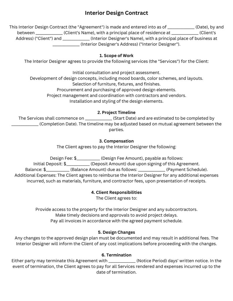 Interior Design Contract-template PDF - Etsy