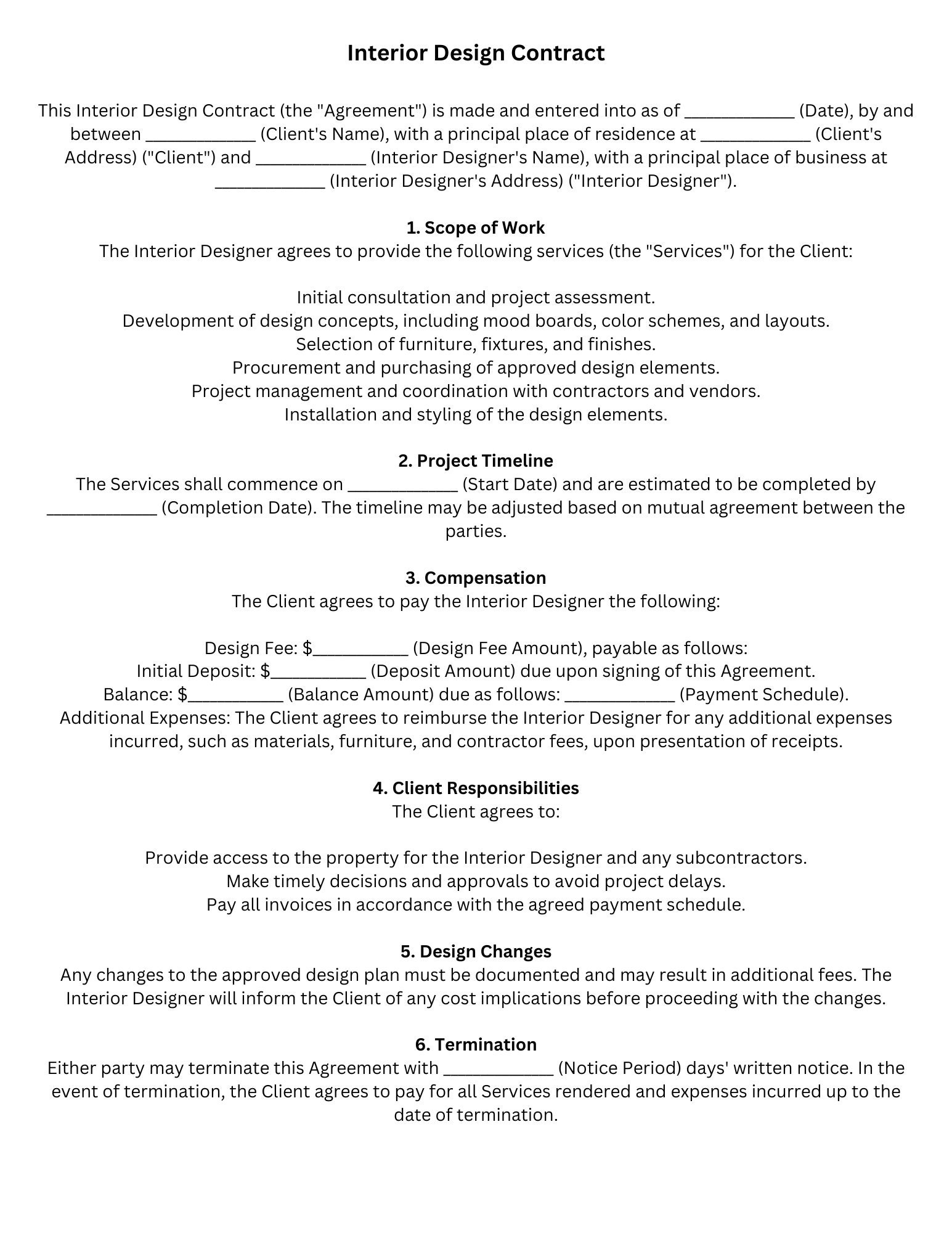 Interior Design Contract-template PDF - Etsy