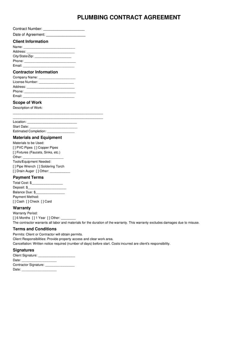 Plumbing Contract Agreement | Printable Plumbing Service Contract ...